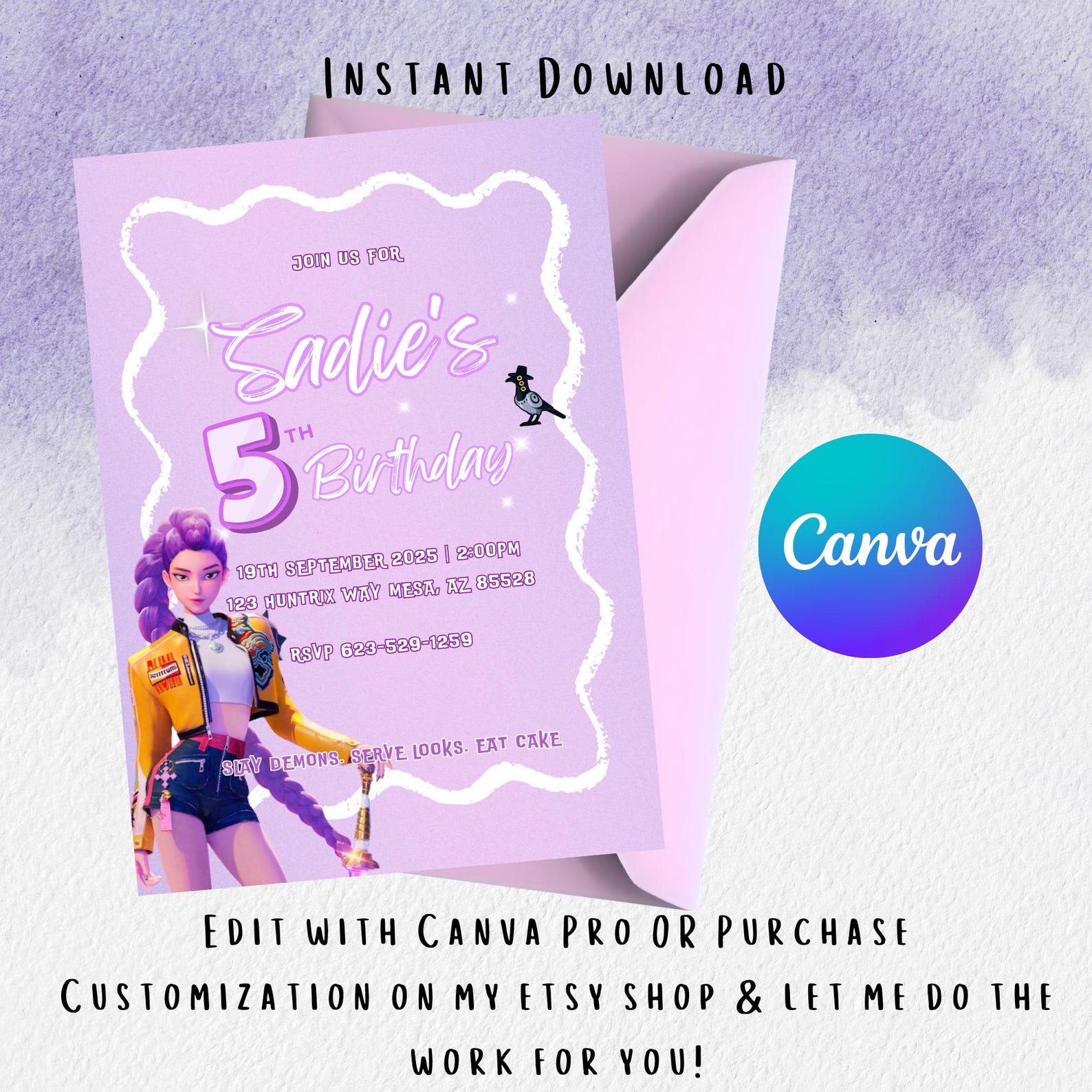 Rumi Birthday Invitation, Kpop Demon Hunters, Purple Party Template ...
