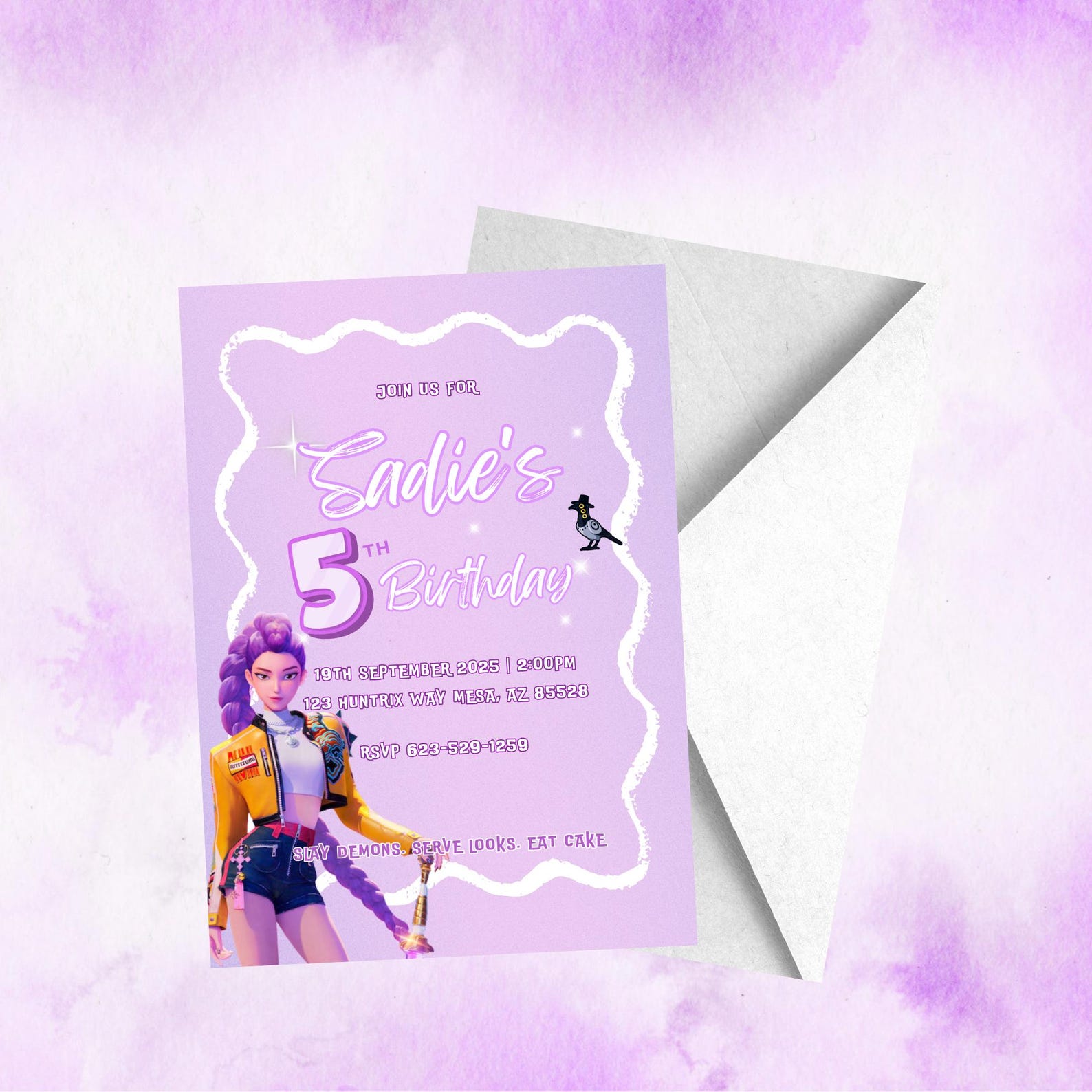 Rumi Birthday Invitation, Kpop Demon Hunters, Purple Party Template ...