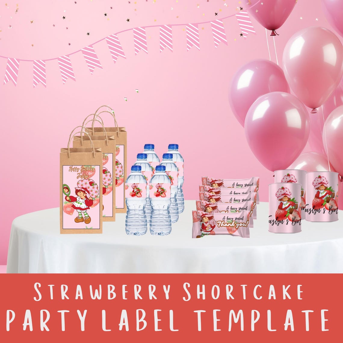 Strawberry Shortcake Party Label Templates: Chip Bag, Water Bottle ...