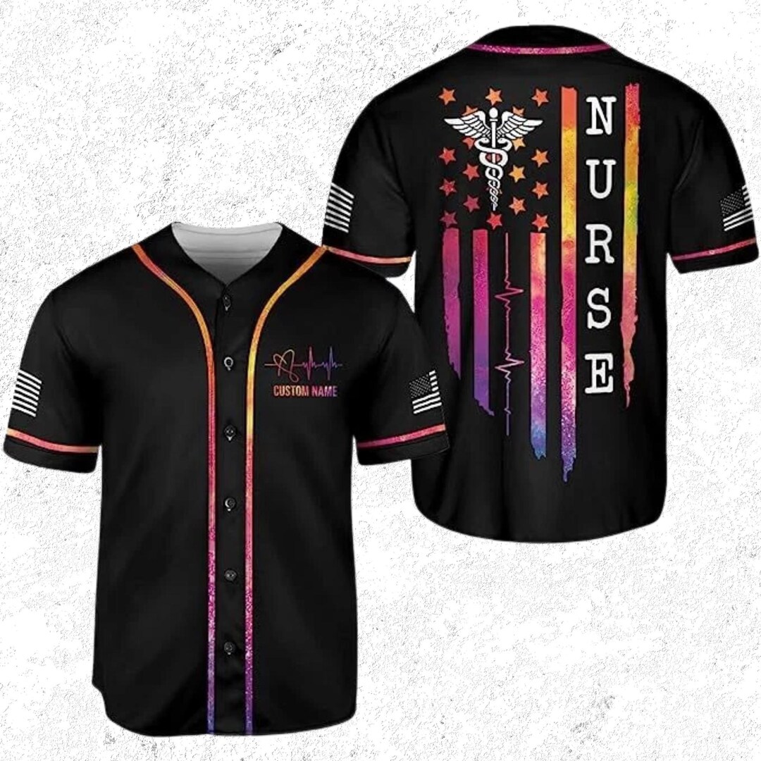 Nurse Custom Baseball Jersey – Black Button-up With Rainbow Piping ...