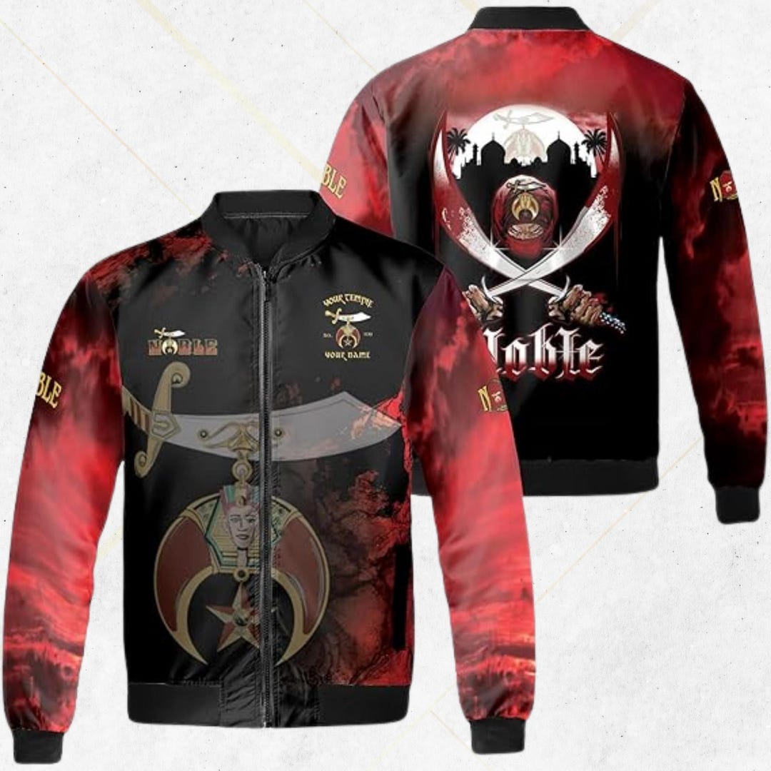 Shriners Noble Bomber Jacket, Masonic Scimitar Crescent Emblem, Red ...