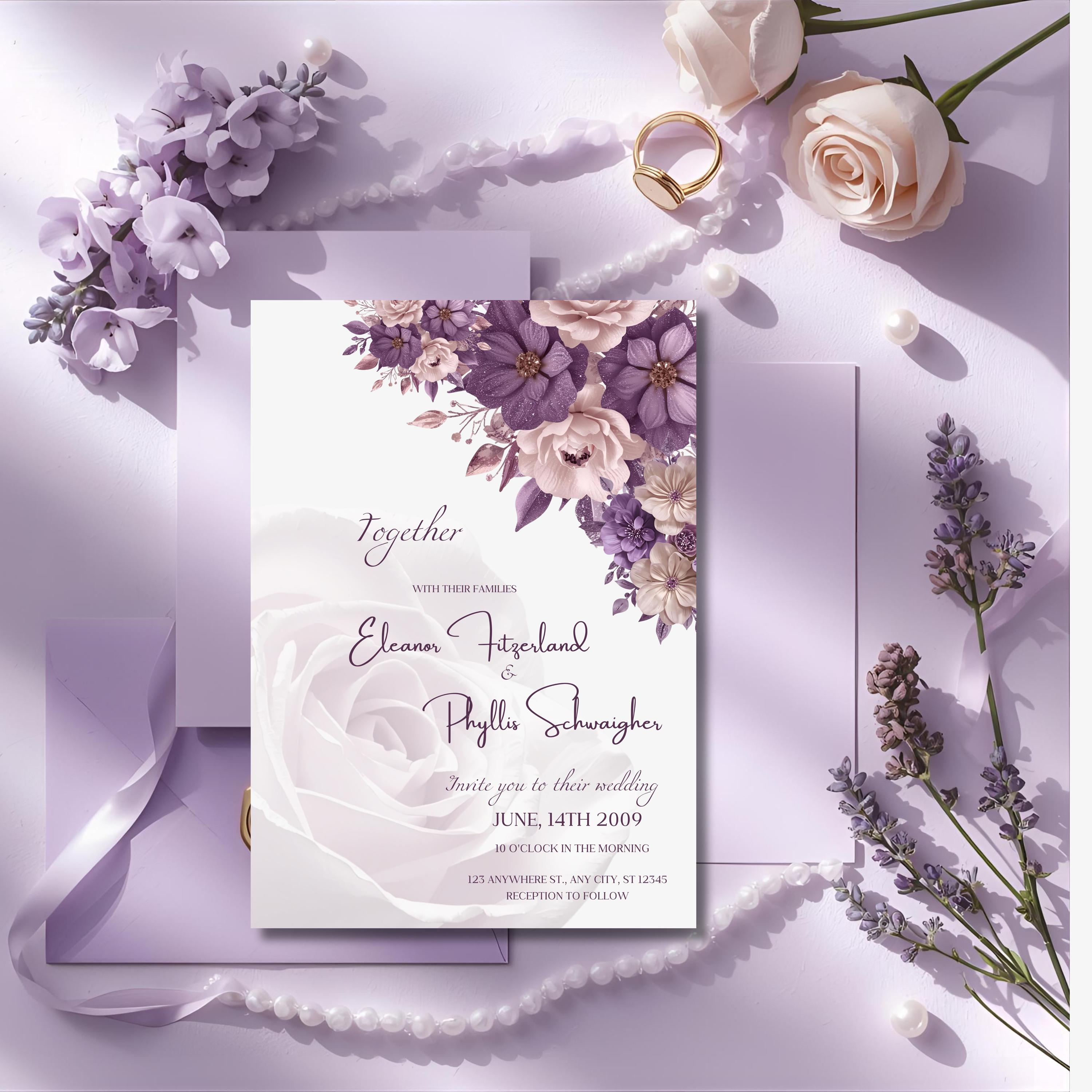 Floral Boho Wedding Invitation Card : Lavender and Lilac (digital Phone ...