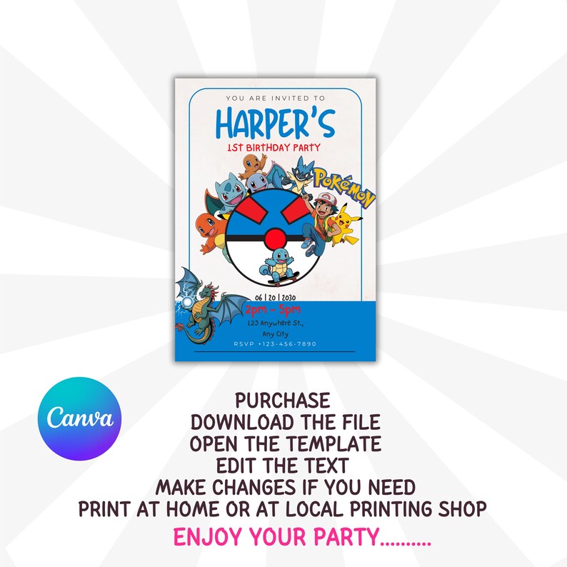 Editable Pokemon Birthday Invitation, Party Invitations,digital ...