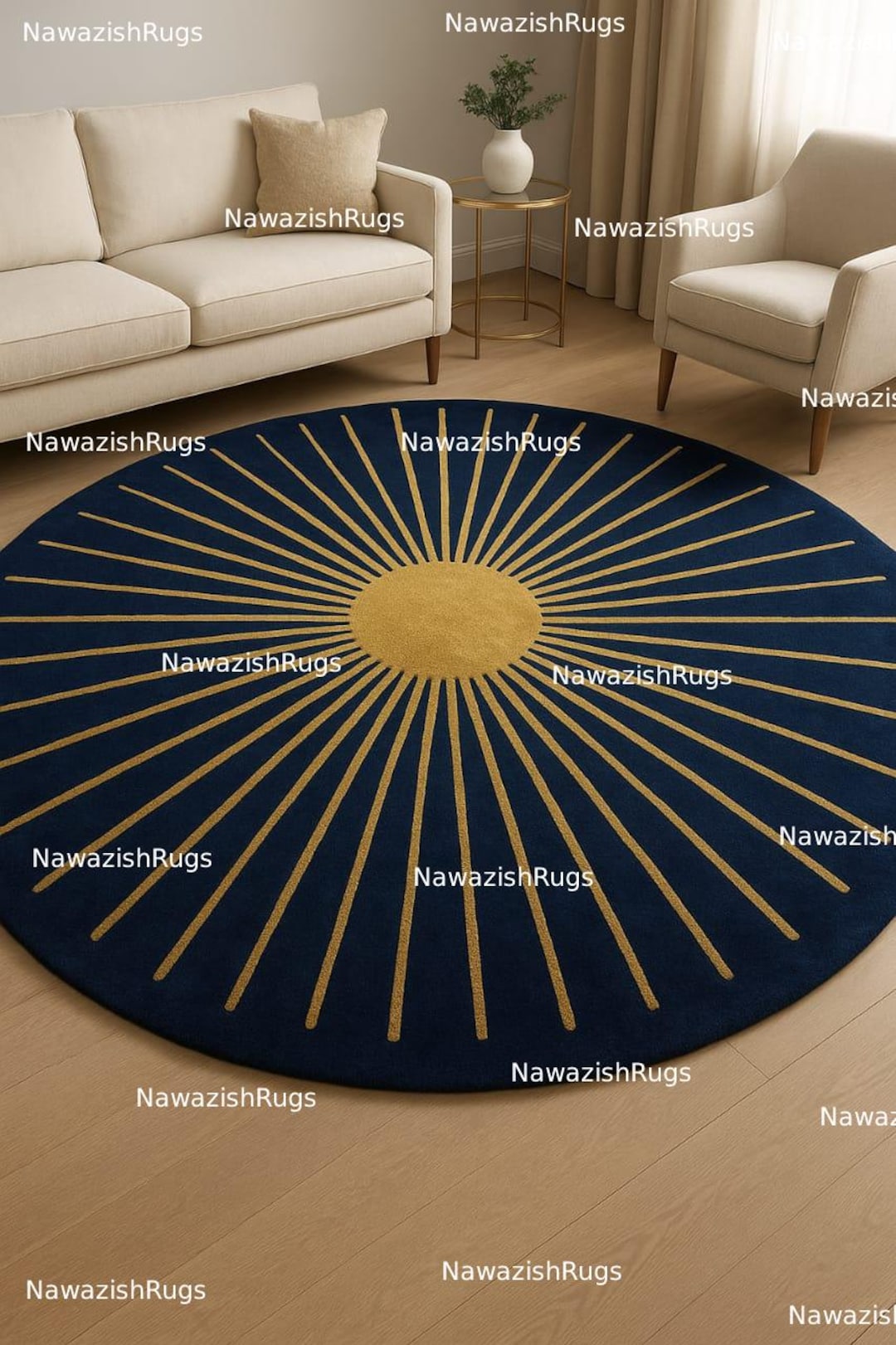 Hand-tufted Wool Sunburst Rug: Navy Blue & Gold Modern Carpet - Etsy
