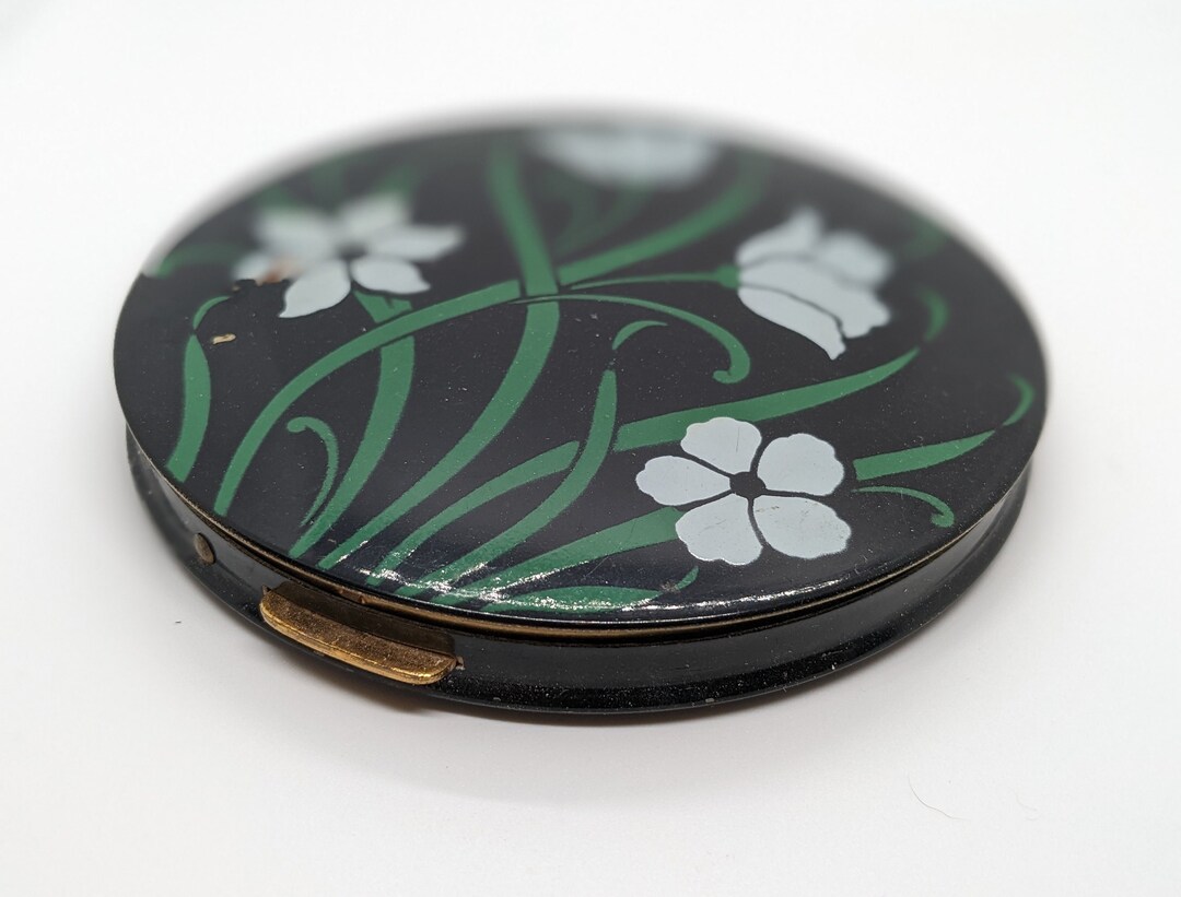Vintage Powder Mirror Compact 4 Inch Size Black Floral Design - Etsy