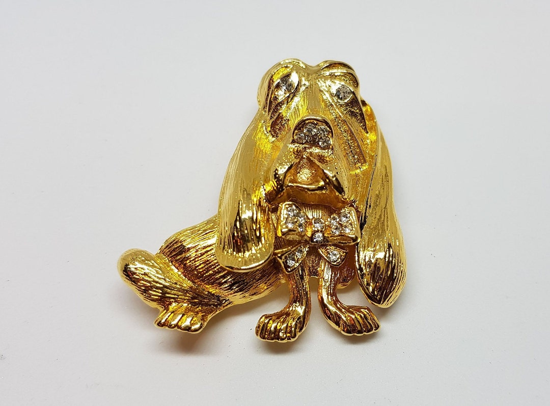 Gold Tone Crystal Basset Hound Brooch Pin - Etsy