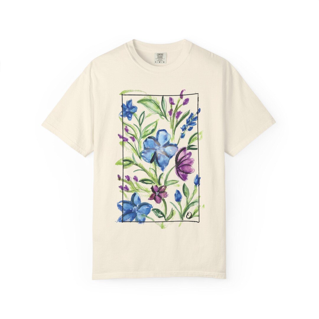 Watercolor Blue Floral Rectangle T-shirt | Botanical Bloom Tee - Etsy
