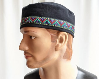 Men's Black Cotton Kufi Fez Cap, Tubetieka, Kazakhi, Drumming Cap - Etsy