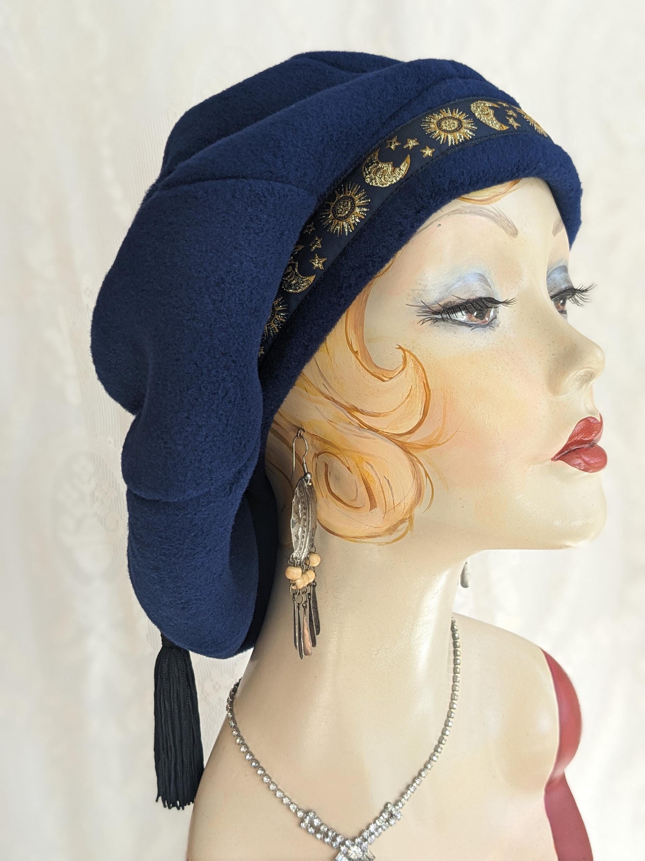 Oversize 13 Inch Navy Blue Polar Fleece Beret With Celestial Trim Boho ...