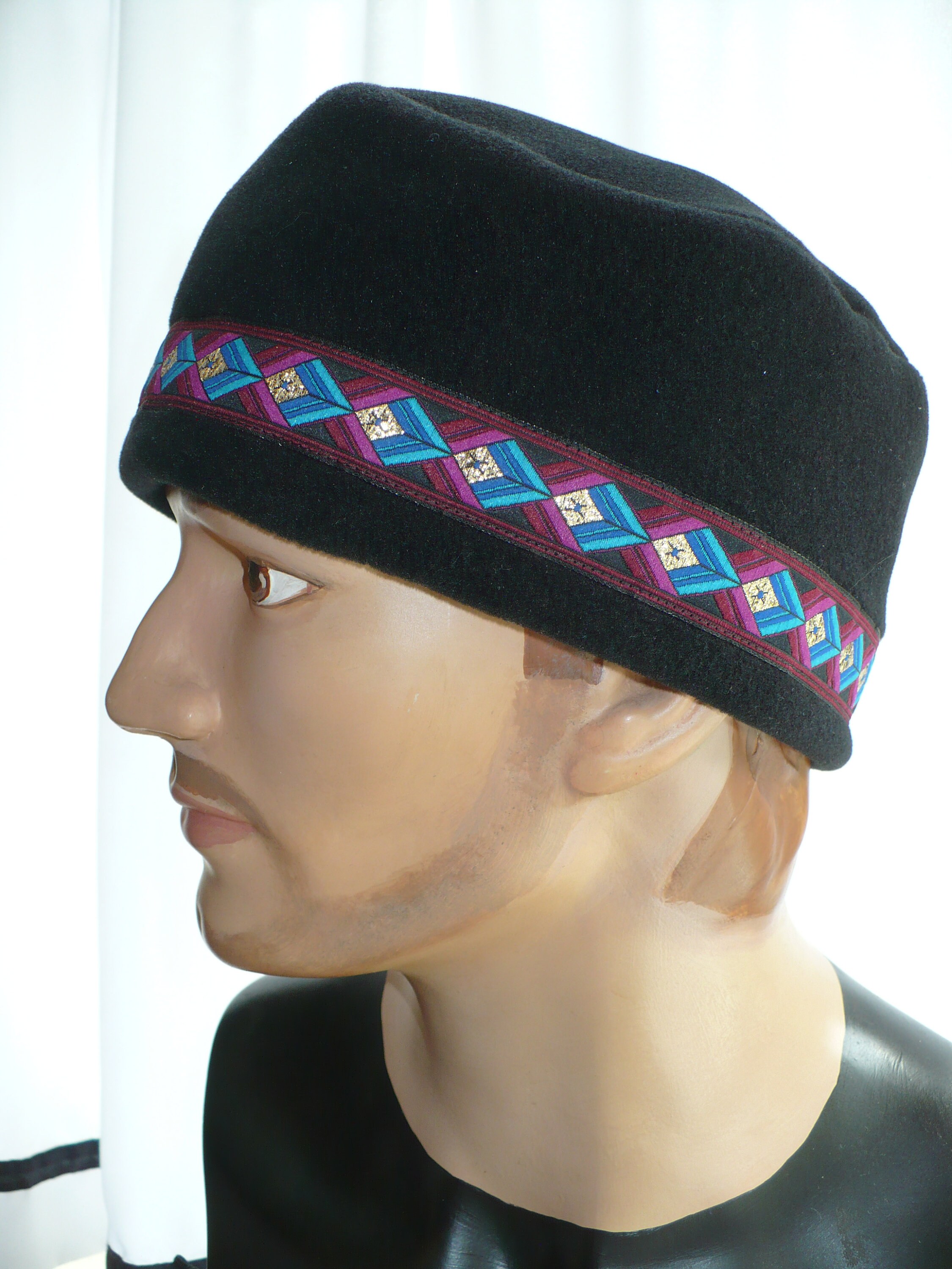 Black Polar Fleece Fez Cap With Jacquard Trim - Etsy