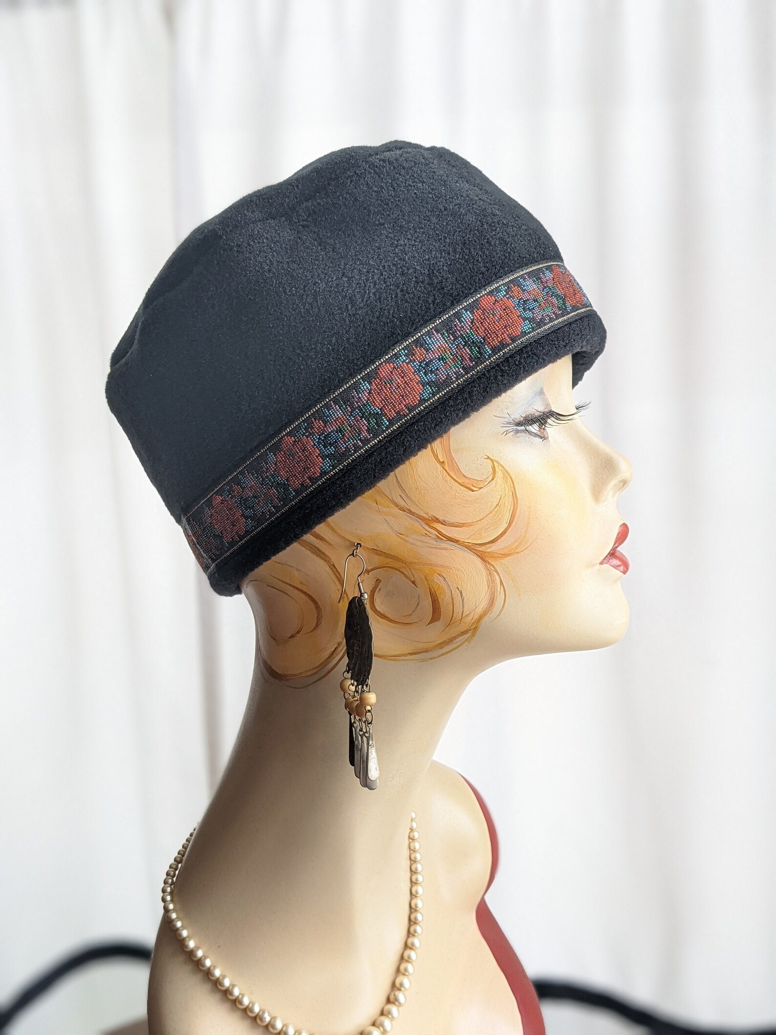 Black Polar Fleece Fez Cap With Tapestry Trim | Etsy