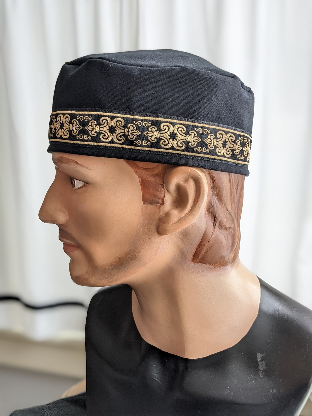 Men's Black Cotton Kufi /fez Cap With Fleur De Lis Trim ~ Tubeteiki ...