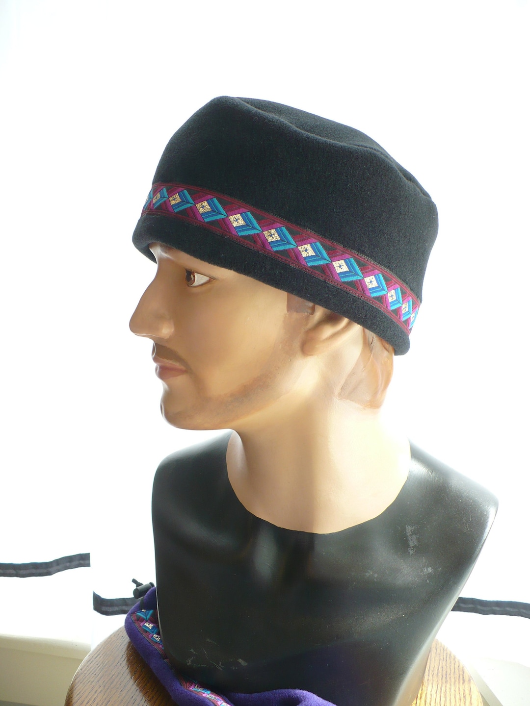 Black Polar Fleece Fez Cap With Jacquard Trim - Etsy