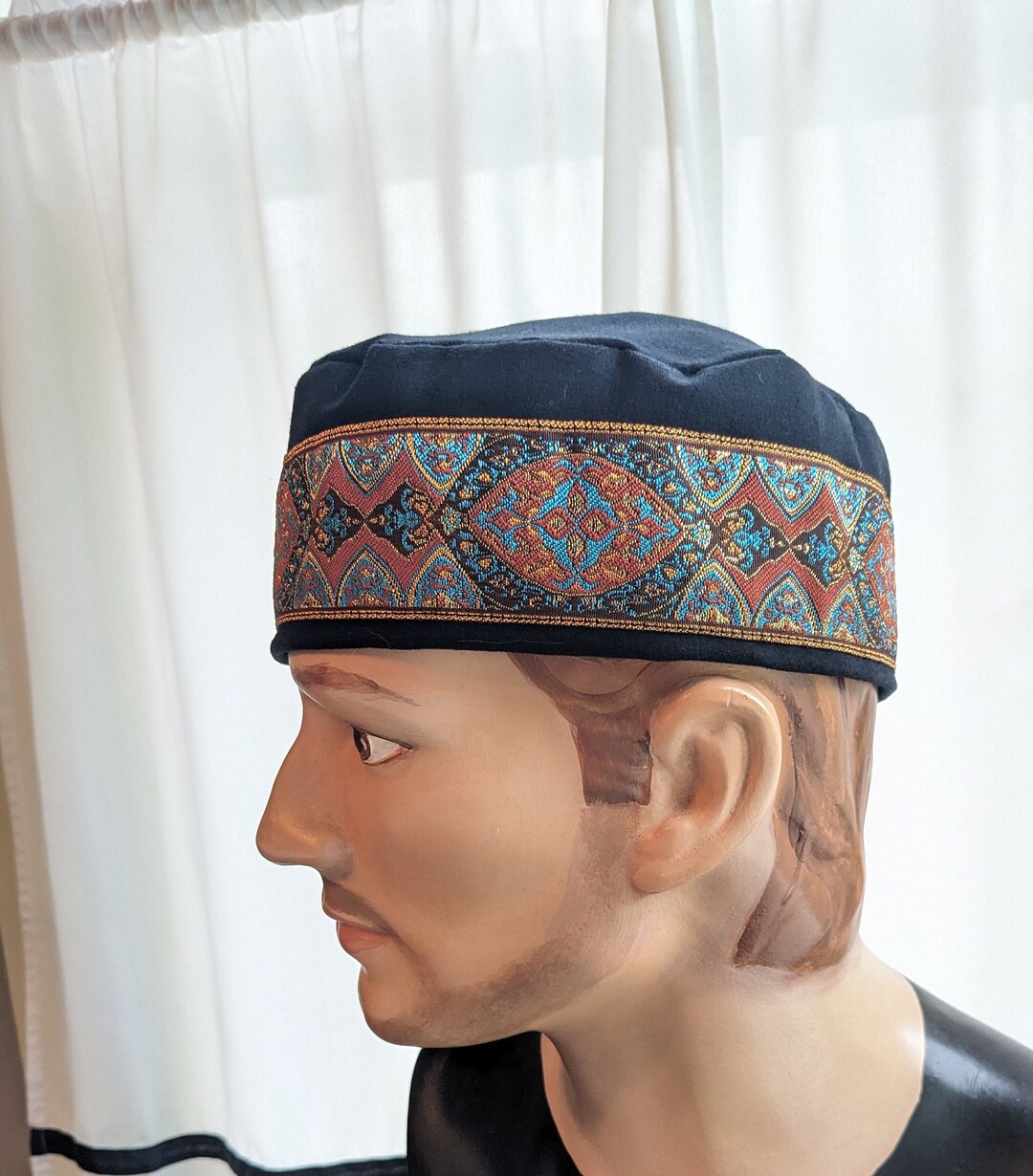 Men's Black Cotton Kufi/fez, Drumming Cap With Wide Peacock Brocade ...