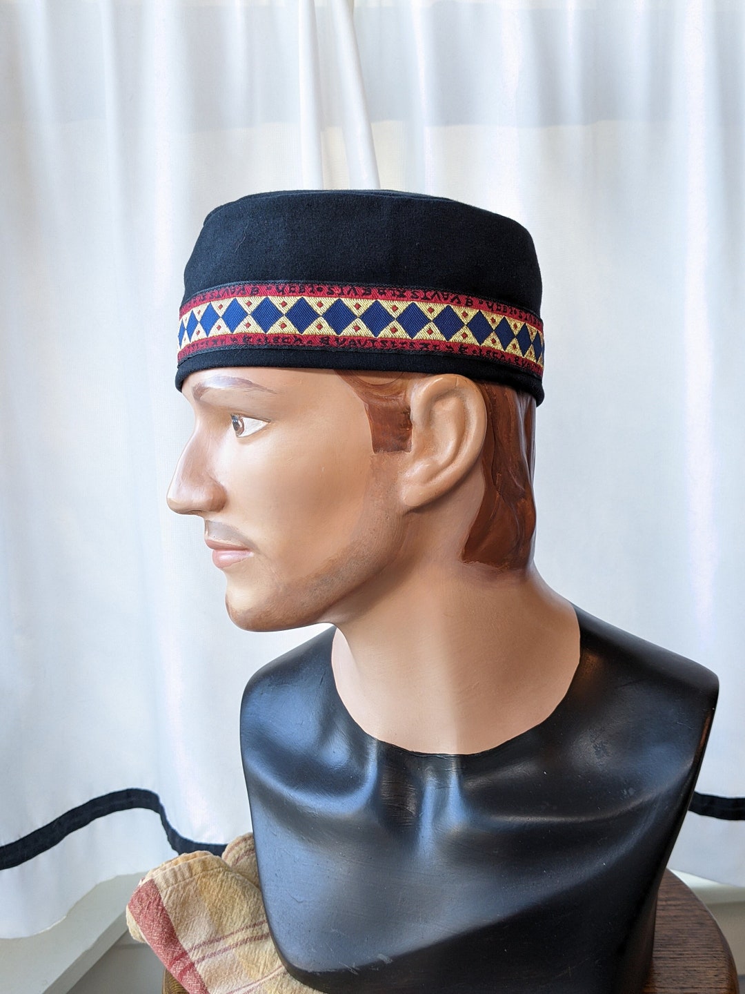 Men's Black Cotton Kufi/fez, Drumming Cap With Runic Diamond Trim - Etsy