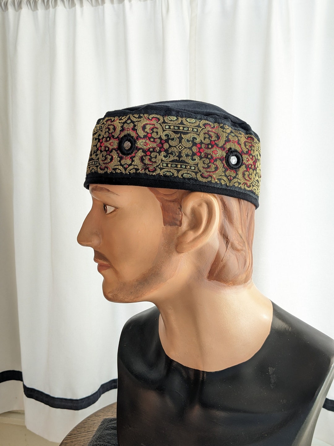 Men's Black Cotton Kufi/fez, Drumming Cap With Wide Mirrored Trim ...