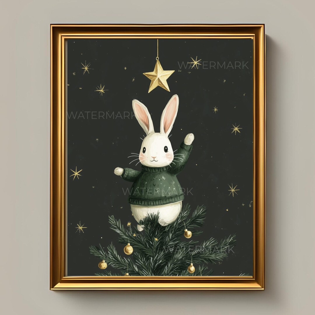 Christmas Bunny Tree Topper Print, Festive Nursery Art (digital ...
