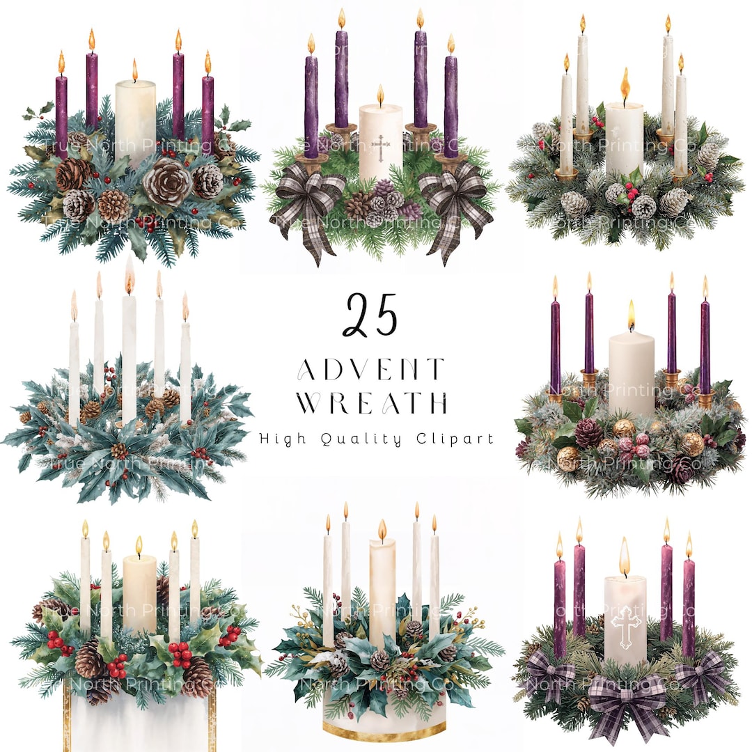 25 Advent Wreath Clipart JPG Bundle | Advent Crown Purple Pink Candle ...