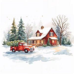 6 Watercolor Christmas Winter Clipart Bundle | Snowy Farmhouse Red ...