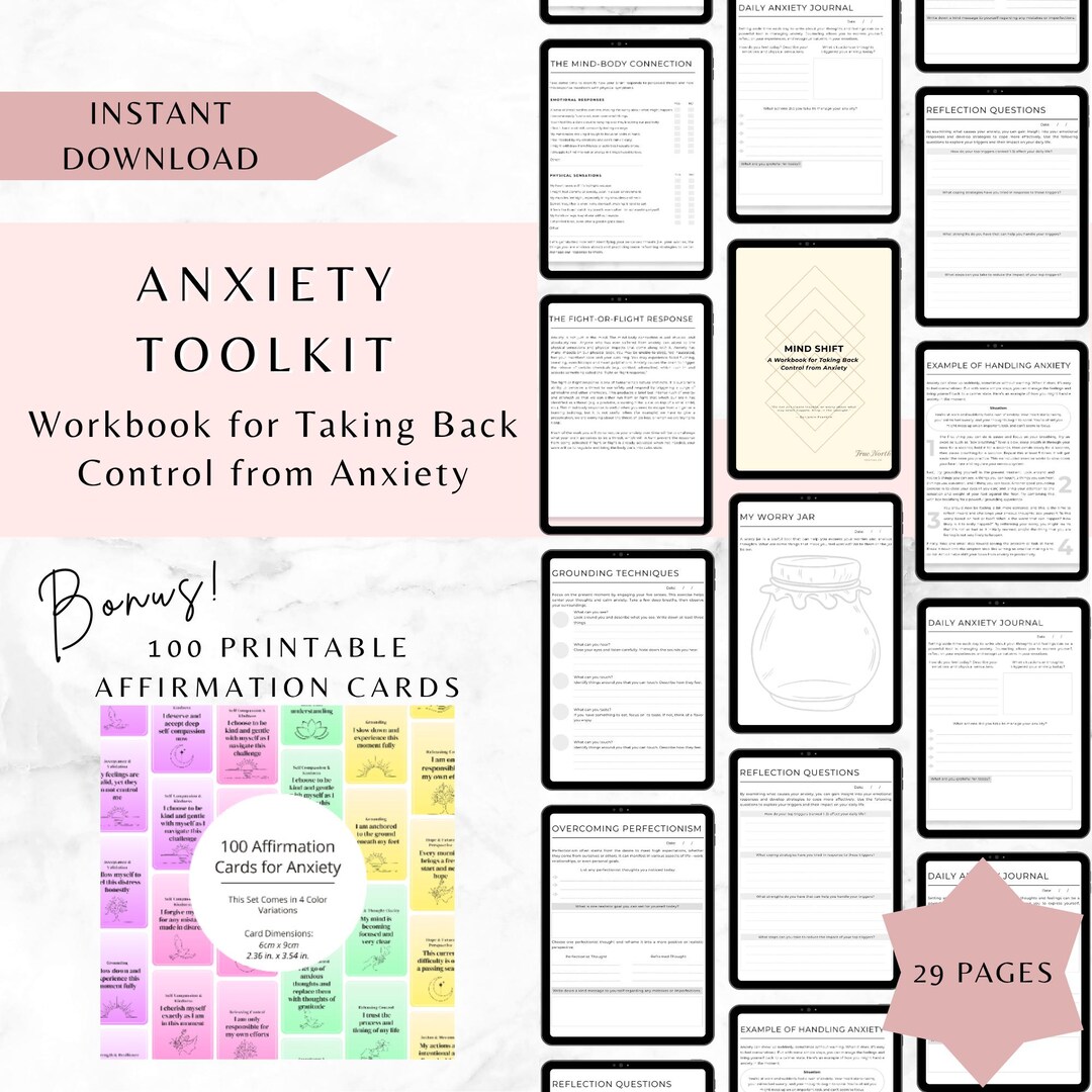 Anxiety Workbook & 100 Printable Affirmation Cards | Mental Health ...