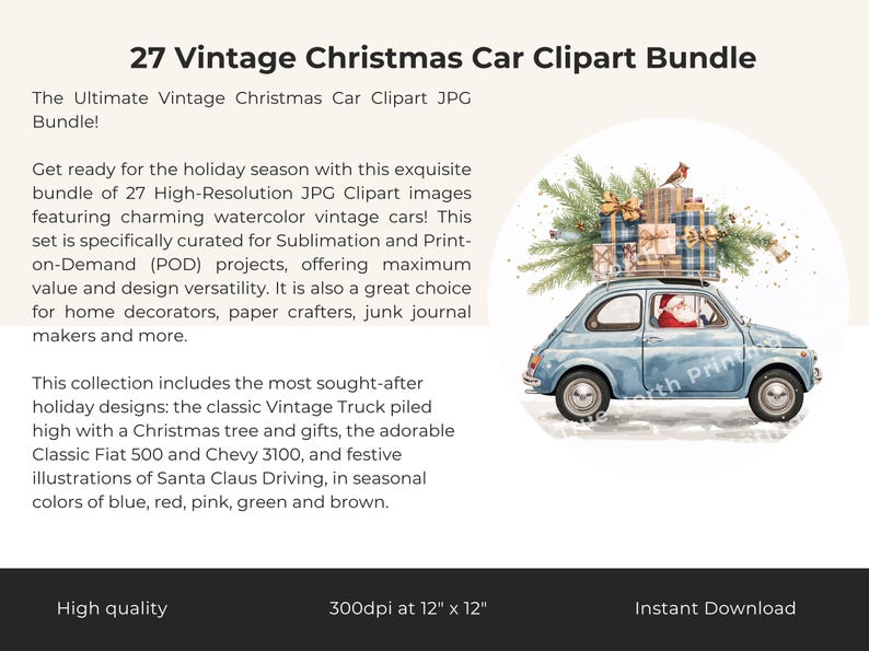 27 Vintage Christmas Car Clipart Bundle | Watercolor Chevy, Fiat ...
