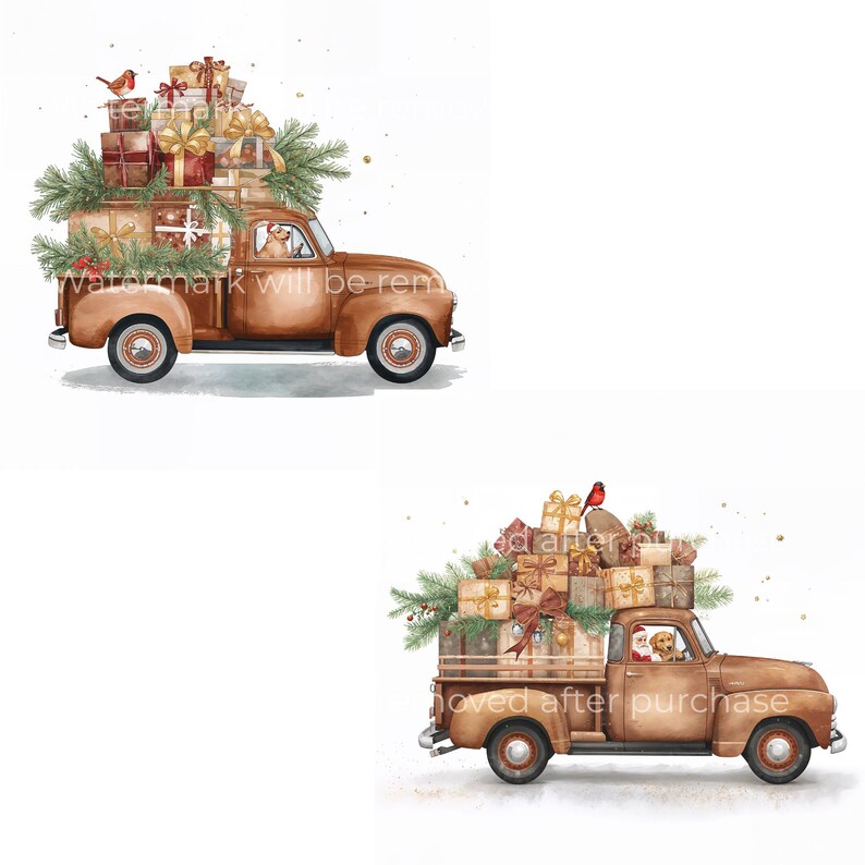 Vintage Christmas Car Clipart Bundle | Watercolor Santa Driving (JPG ...