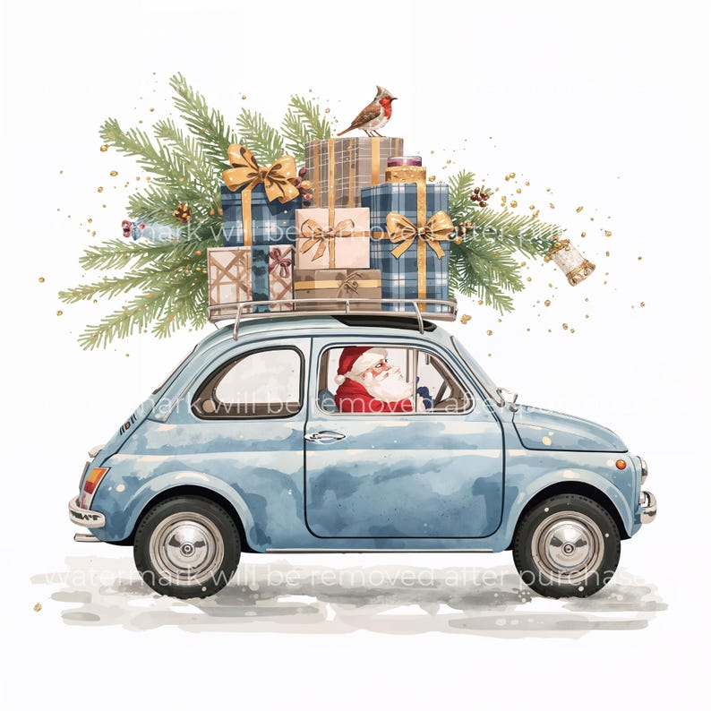 27 Vintage Christmas Car Clipart Bundle | Watercolor Chevy, Fiat ...