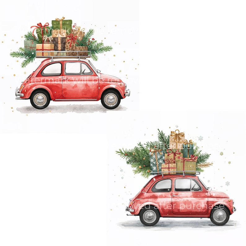 Vintage Christmas Car Clipart Bundle | Watercolor Santa Driving (JPG ...