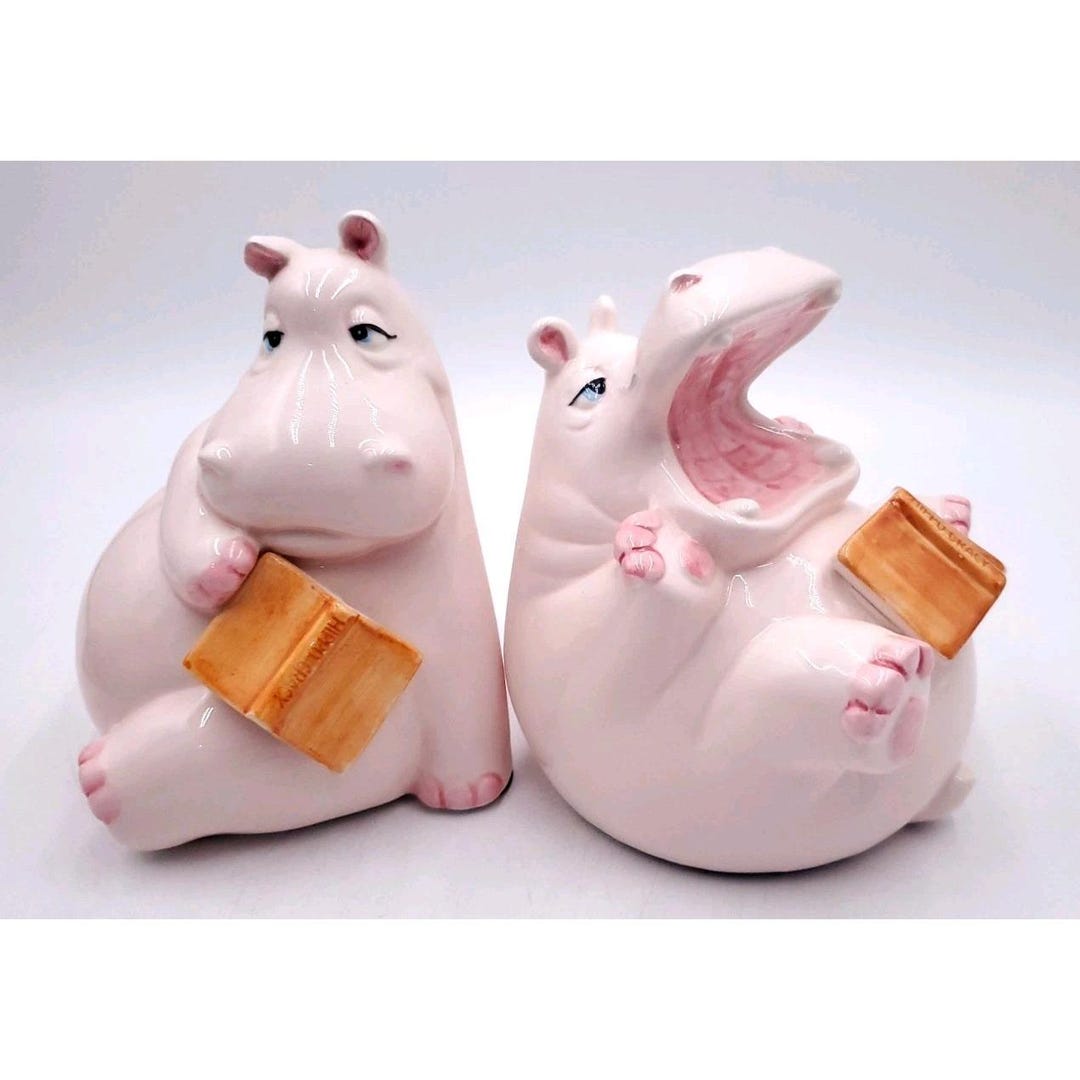 Vintage Pair Fitz and Floyd Pink Hippo Ceramic Bookends Japan 1980 MINT ...