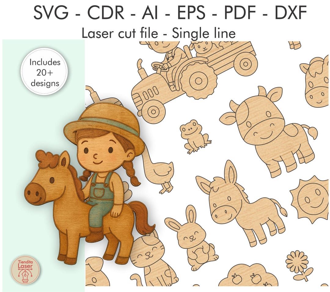 Farm Animals Laser Cut Files DXF – Cute Farmer, Cow, Pig, Chicken ...