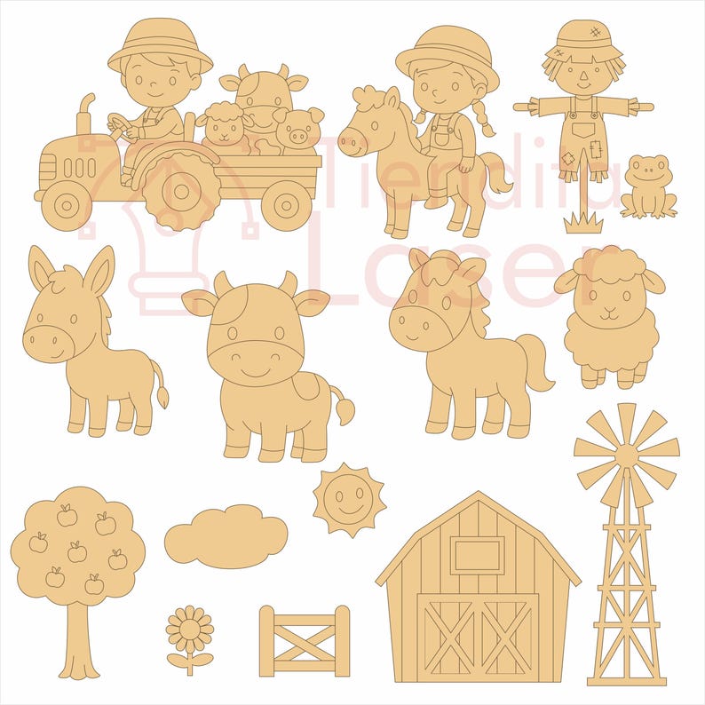 Farm Animals Laser Cut Files DXF – Cute Farmer, Cow, Pig, Chicken ...