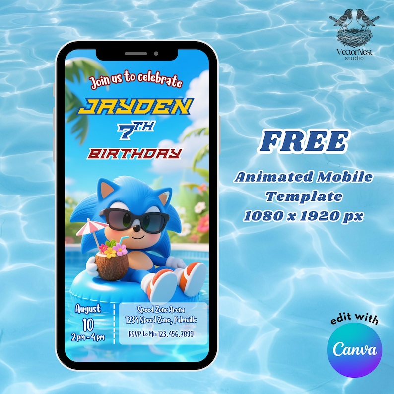 Sonic Pool Party Invitation: Editable Birthday Canva Template (digital ...