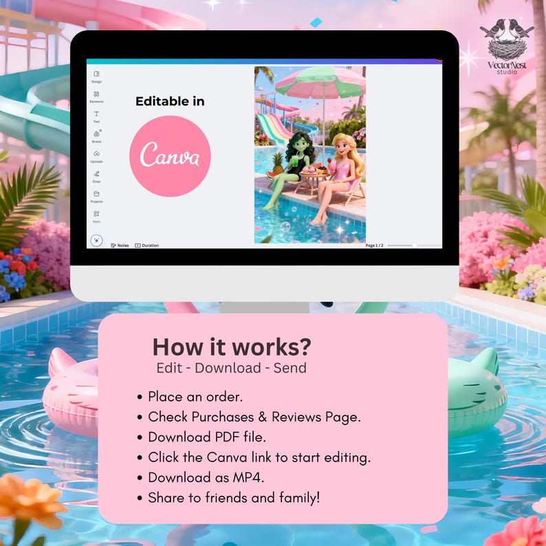 Witch Pool Party Birthday Video Invitation Waterpark Pink Green Party ...