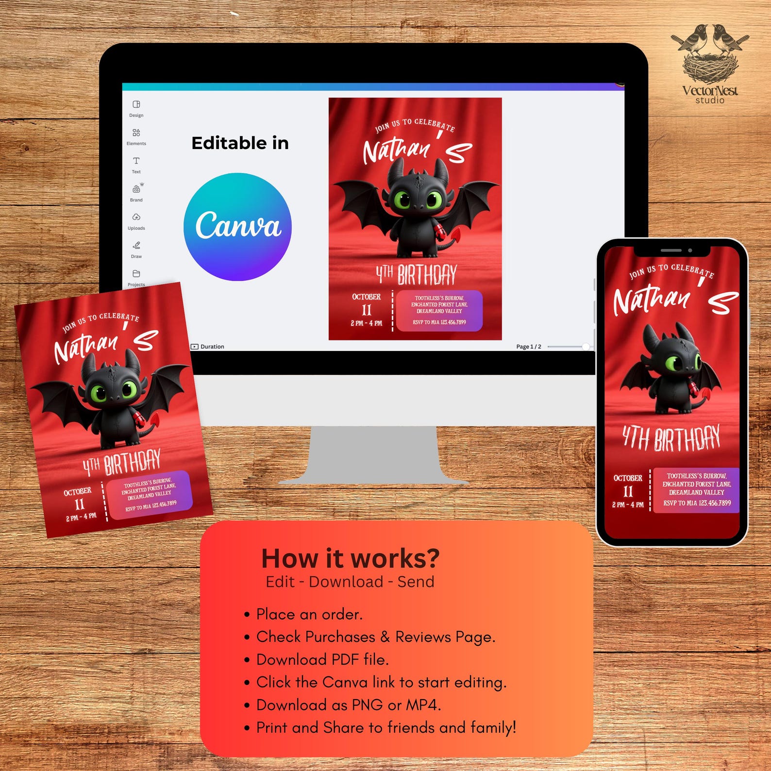 Toothless Night Fury Birthday Invitation Canva Template: Printable ...