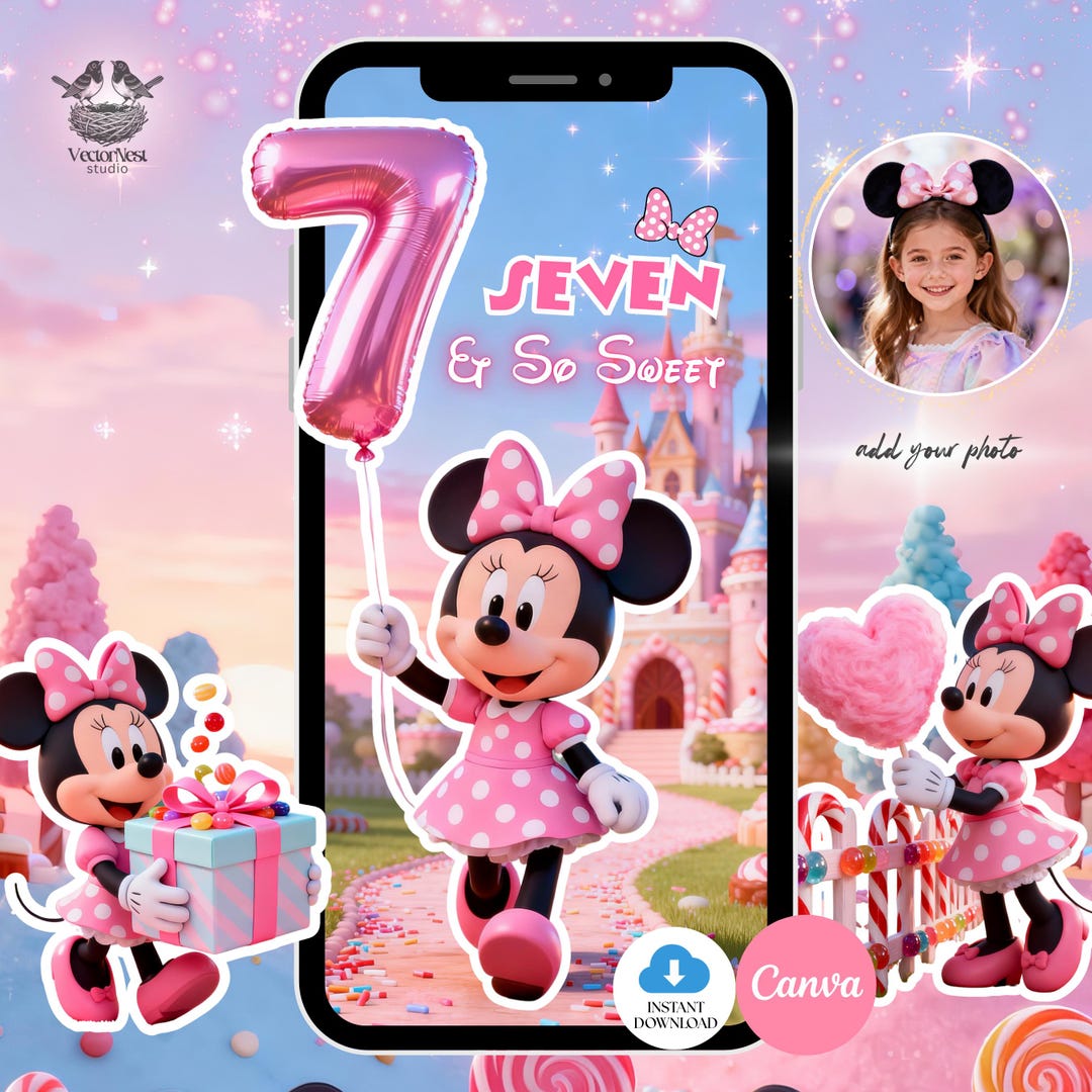Minnie Candyland 7th Birthday Video Invitation, Digital Editable ...