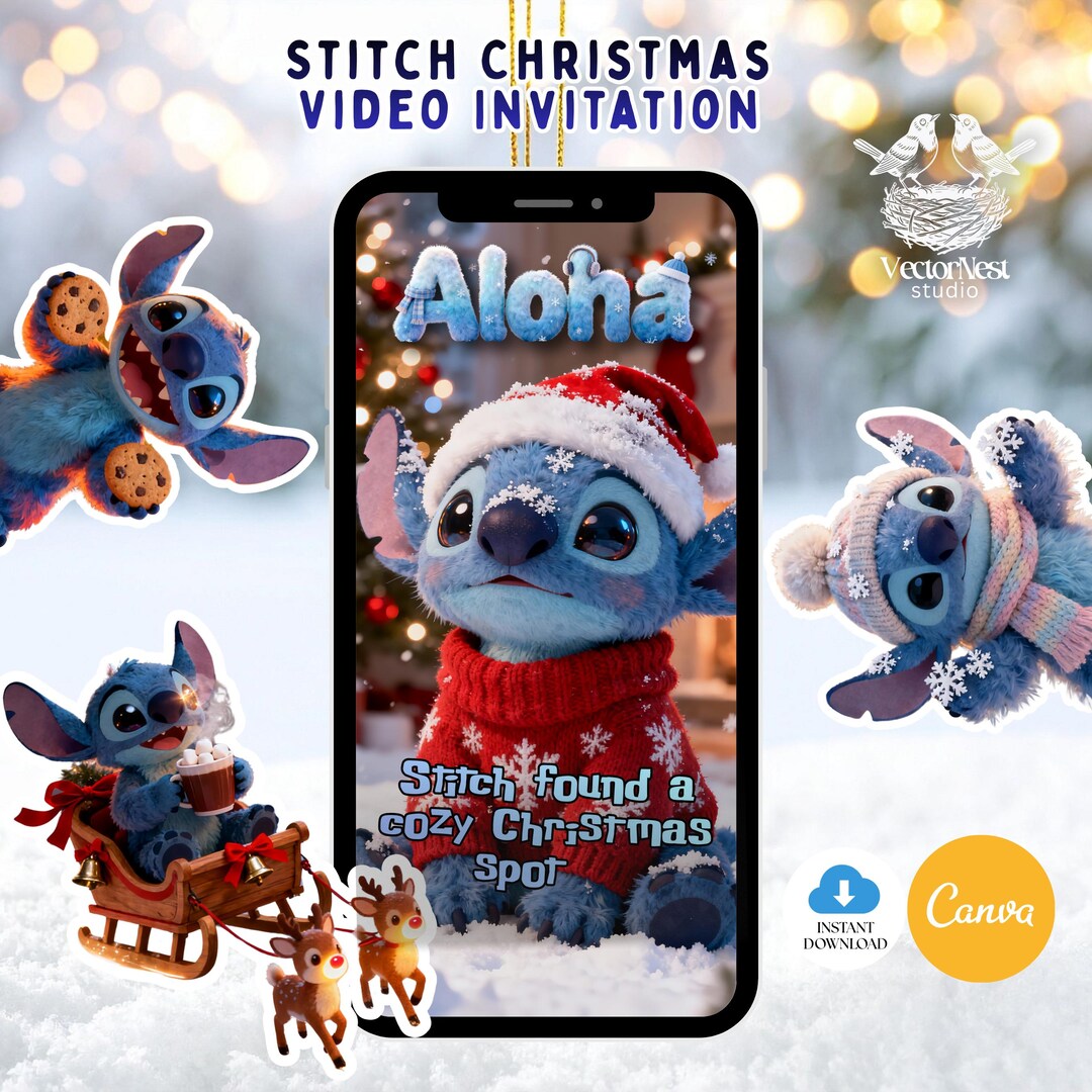 Stitch Winter-verjaardagsvideo-uitnodiging: canvassjabloon Snowy ...