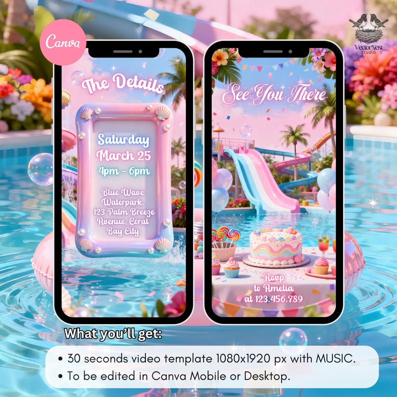 67 Pool Party Birthday Video Invitation Waterpark Pastel Splash Party ...