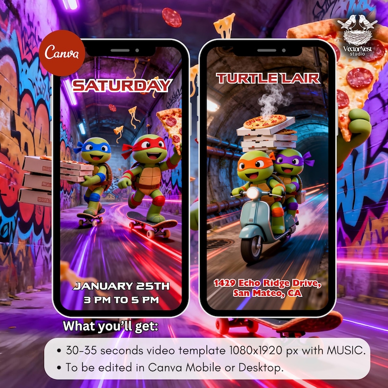 Ninja Turtle Birthday Invitation Pizza Party Digital Video Editable ...