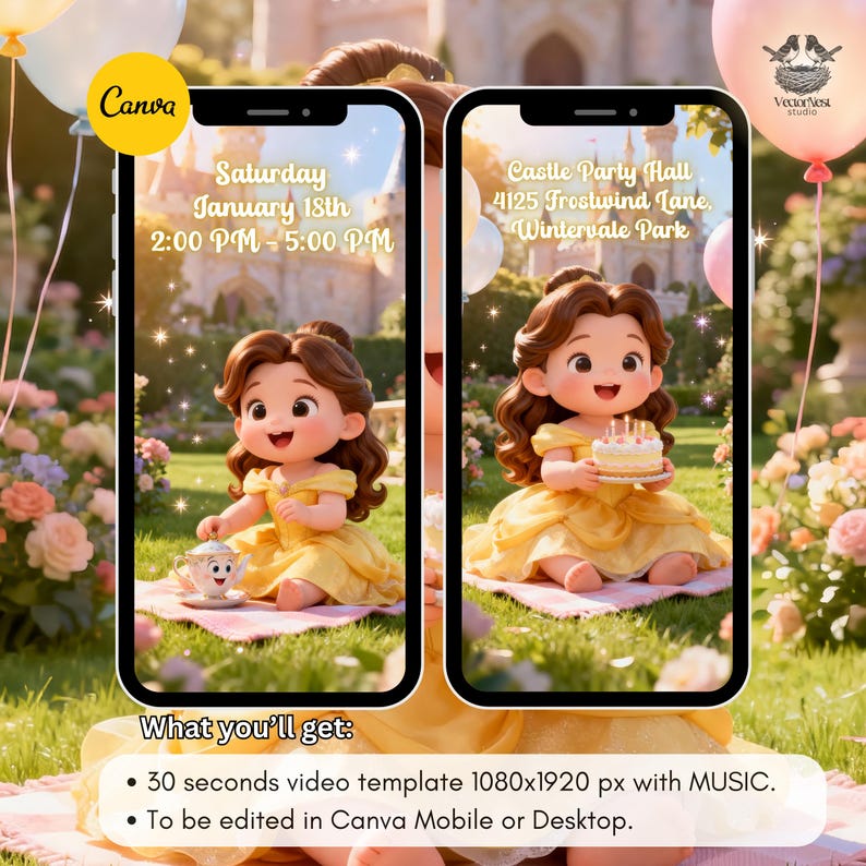 Princess Belle Birthday Video Invitation, Animated Beauty and the Beast ...