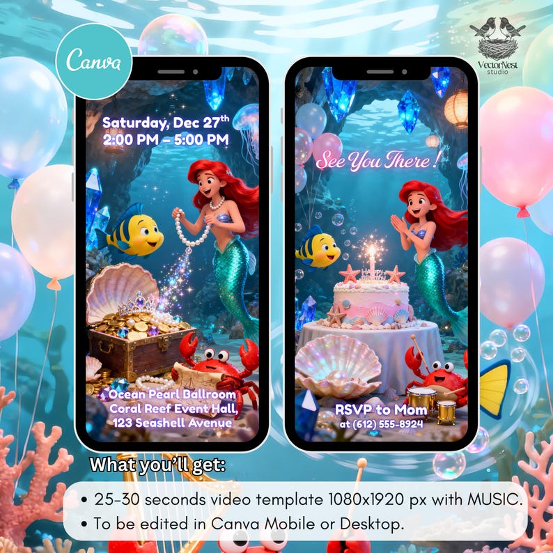 Ariel Mermaid Birthday Video Invitation Under the Sea Party Animated ...