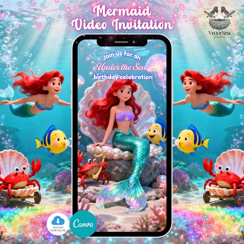 Ariel Mermaid Birthday Video Invitation Under the Sea Party Animated ...
