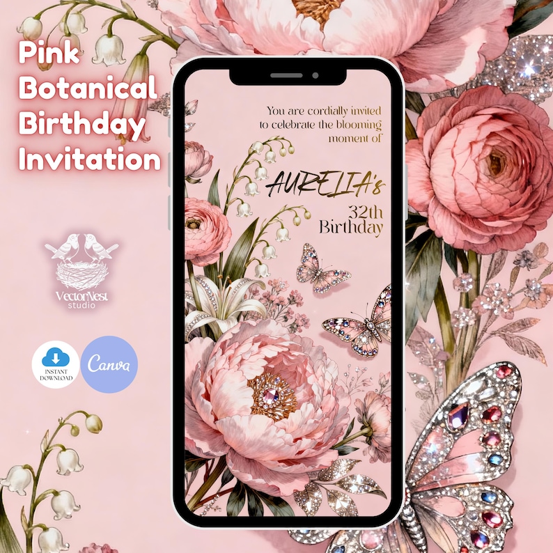 Pink Botanical Birthday Invitation Elegant Floral & Butterfly Canva ...
