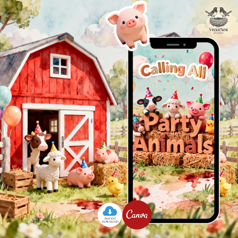 Farm Animals Barnyard Birthday Video Invitation Animated Digital Canva ...