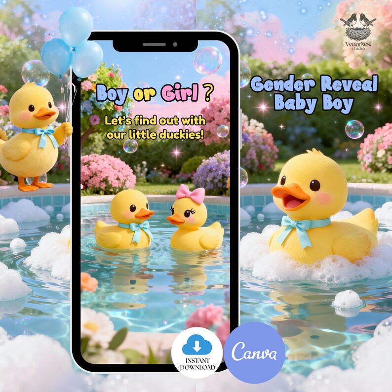 Baby BOY Yellow Duck Gender Reveal Video Announcement Digital Canva ...