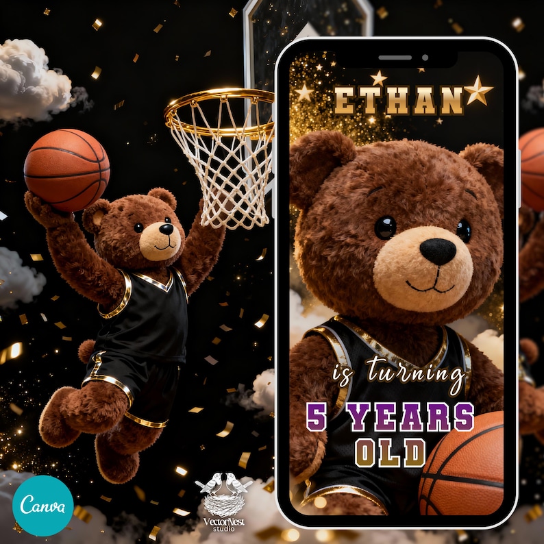 Basketball Teddy Bear Birthday Video Invitation (digital Editable Canva ...