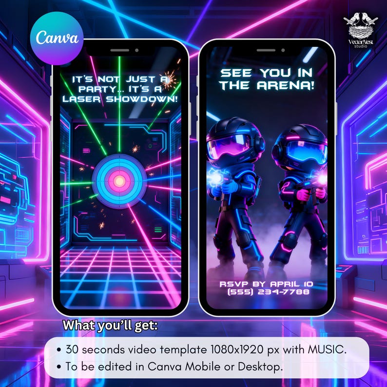 Laser Tag Neon Glow Birthday Video Invitation Digital Editable Template ...