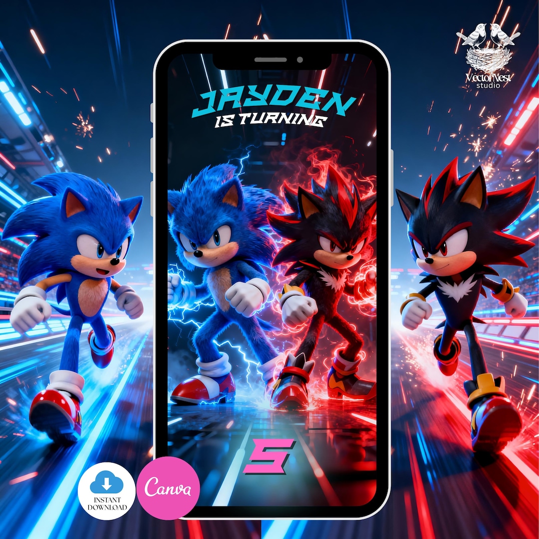 Sonic Vs Shadow Birthday Video Invitation Super Hedgehog Battle Party ...
