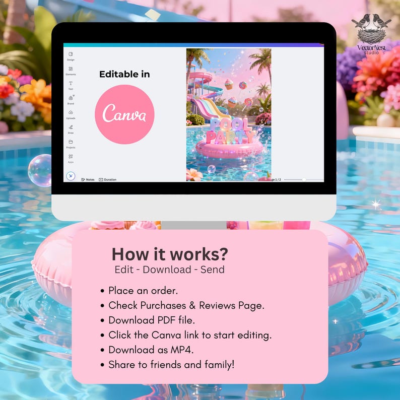 Pool Party Birthday Video Invitation Waterpark Pink Pastel Splash Party ...