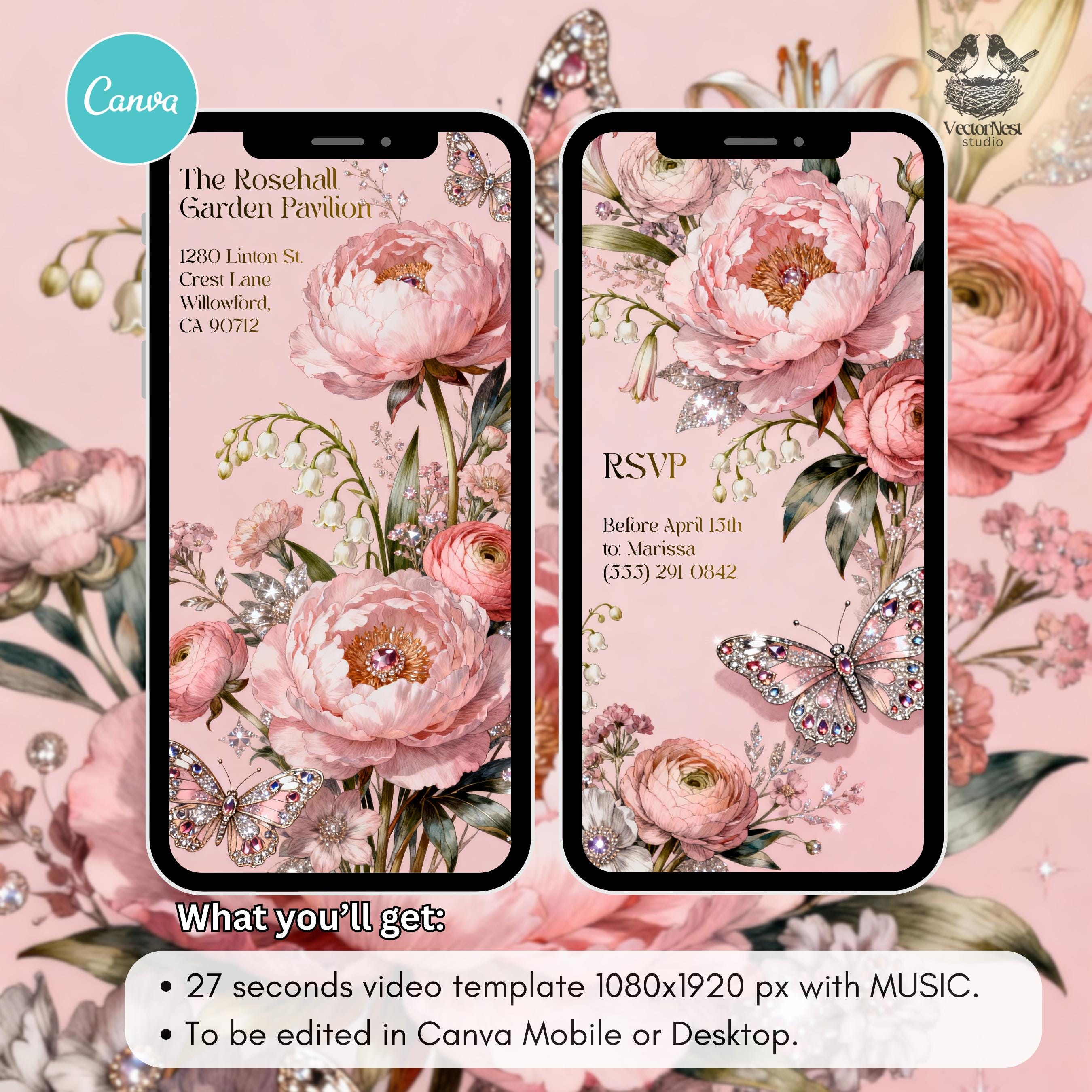 Pink Botanical Birthday Invitation Elegant Floral & Butterfly Canva ...