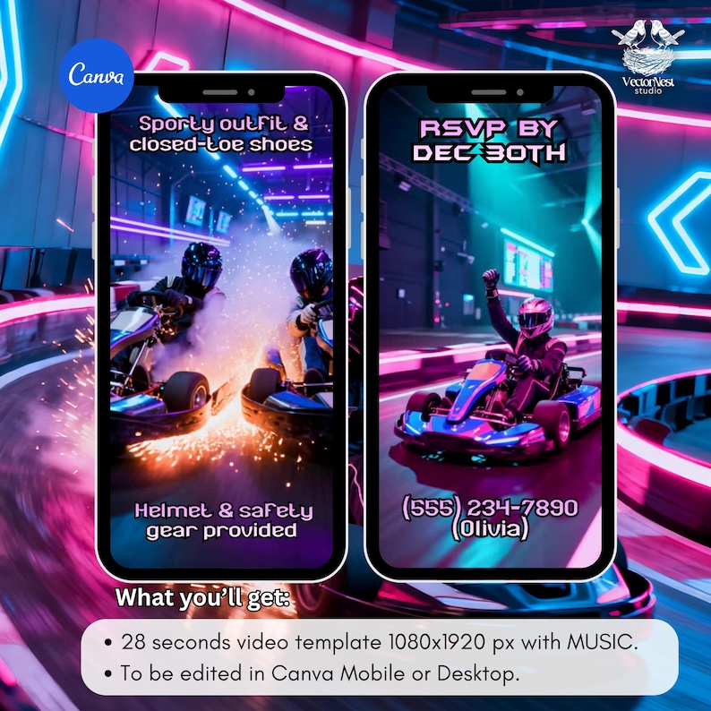 Go Kart Birthday Invitation, Neon Karting Party Animated Digital Canva ...